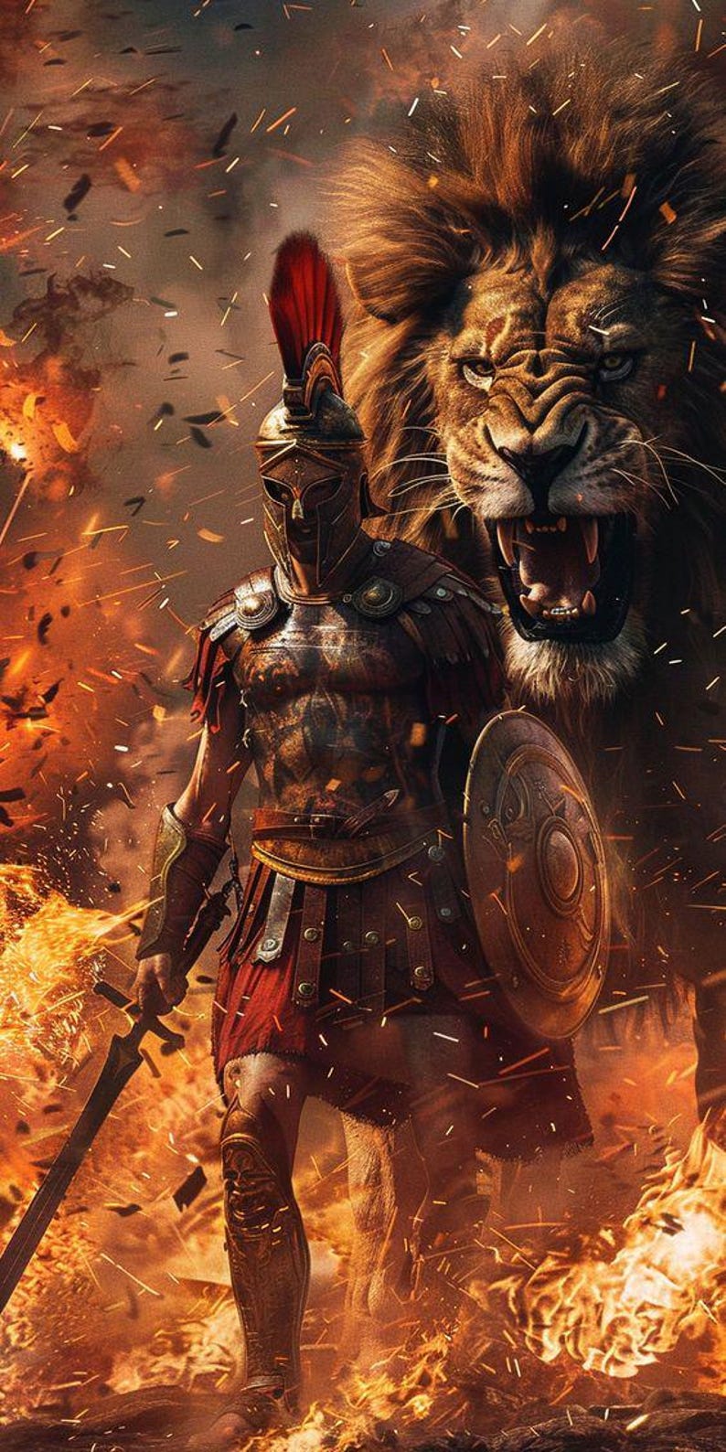 Spartan Warrior Rug, Roaring Lion Area Rug, Greek Mythology Decor, Fire ...