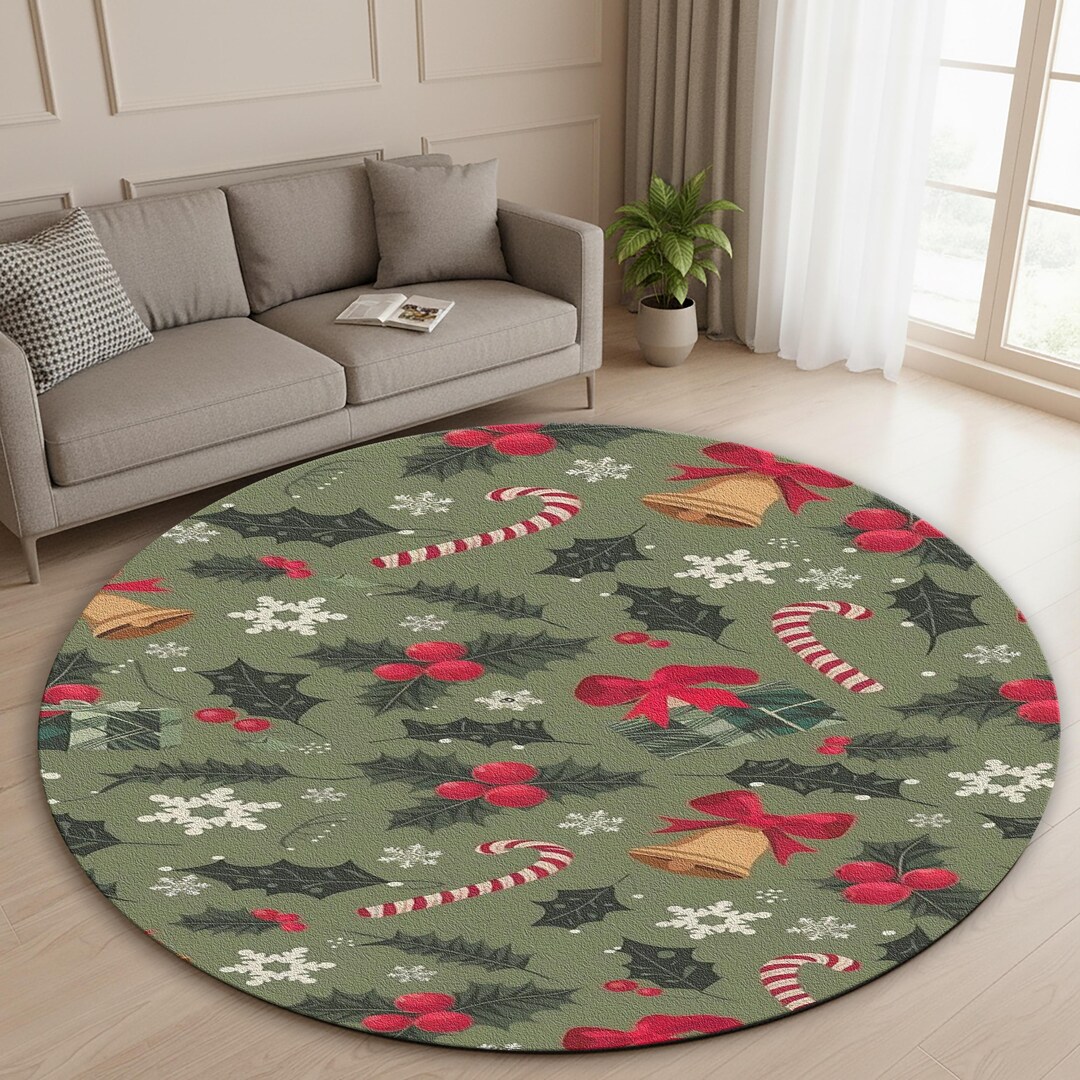 Round Christmas Decor Rug,traditional Holly Rug,holly and Candy Cane ...