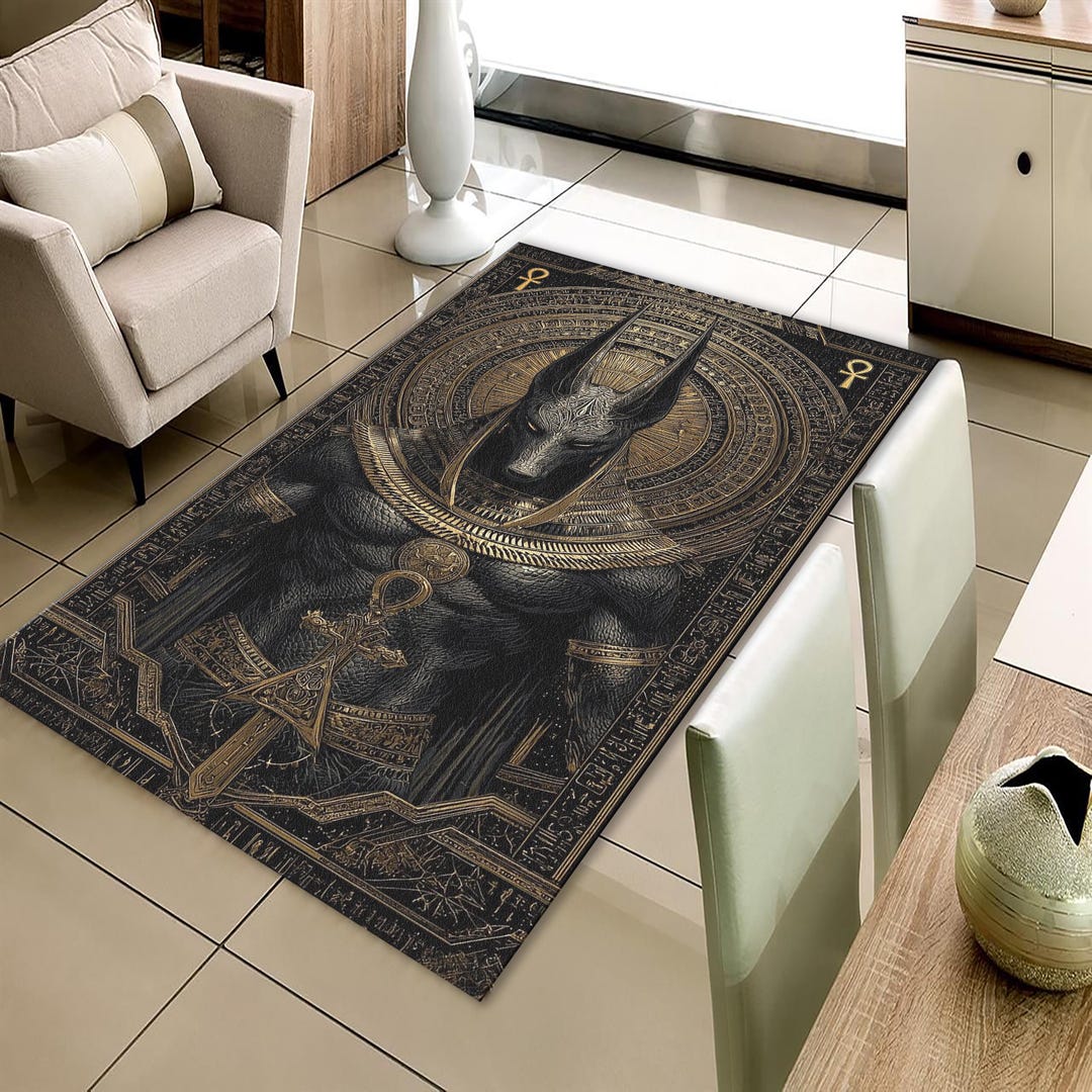 Anubis Rug, Black and Gold Egyptian God, Gothic Decor Carpet, Mystical ...