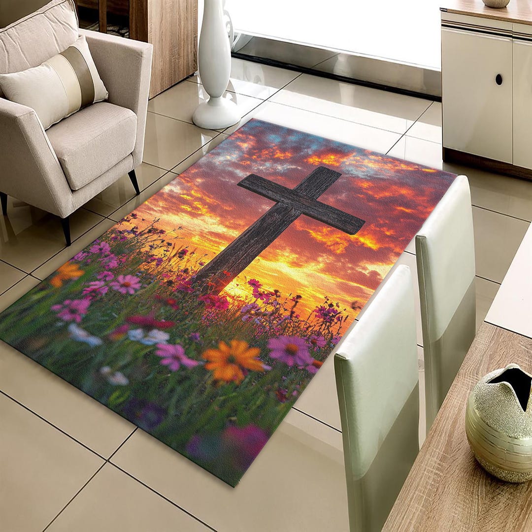 Cross Rug, Christian Religious Decor, Sunset Floral Mat, Faith Hope ...