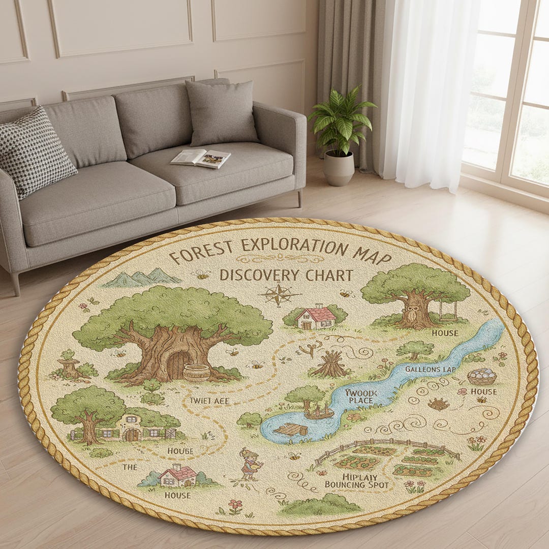 Round Nursery Rug, Forest Exploration Map Print, Whimsical Storybook ...