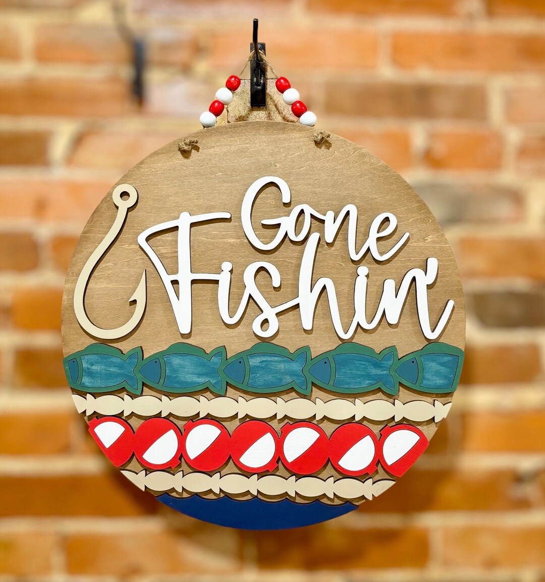 Lake Door Hanger | Gone Fishin | Beaded Hanger | Wood Front Door Sign ...