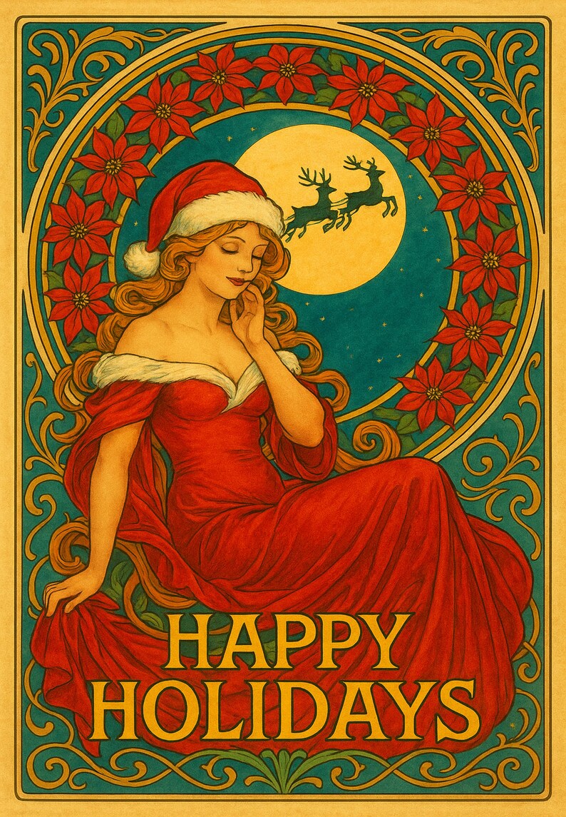 Happy Holidays Digital Download File - Lady in Red Dress W/ Reindeers ...