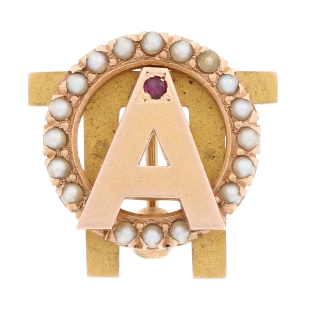 Alpha Omicron Pi Badge - 14k Gold Pearls Ruby Vintage Sorority Greek ...
