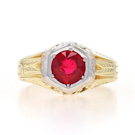 Yellow Gold Lab-Created Ruby Art Deco Men's Ring 10k … - Gem