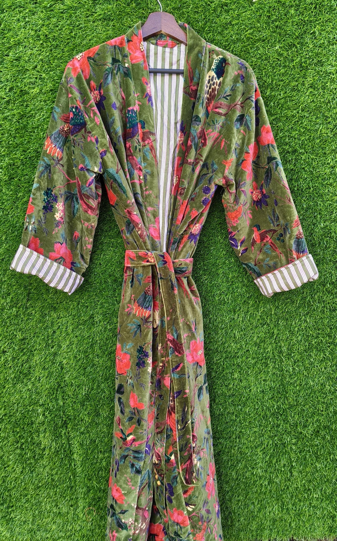 Green Bird Print Velvet Kimono Robe: Indian Morning Coat - Etsy UK