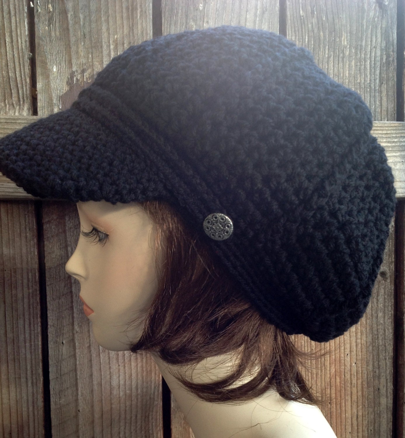 Black Style Newsboy Hat Crochet Slouchy Newsboy Cap Adult Black Beanie ...