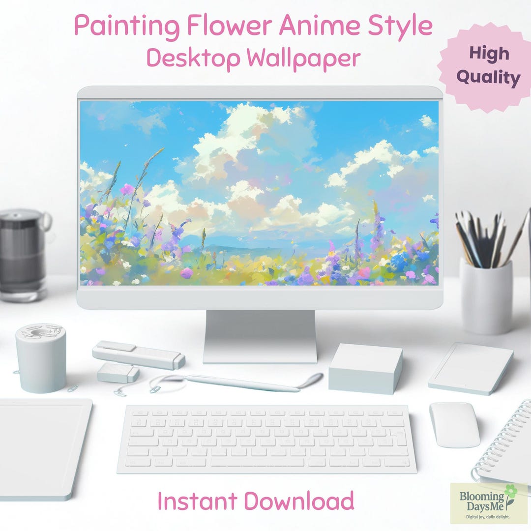 Ghibli Inspired Flower Field Desktop Wallpaper, Anime Scenery (digital ...