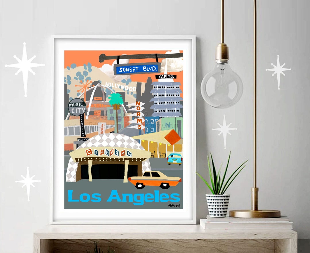 Large Los Angeles Poster Mid-century Modern Retro Travel Wall Art ...