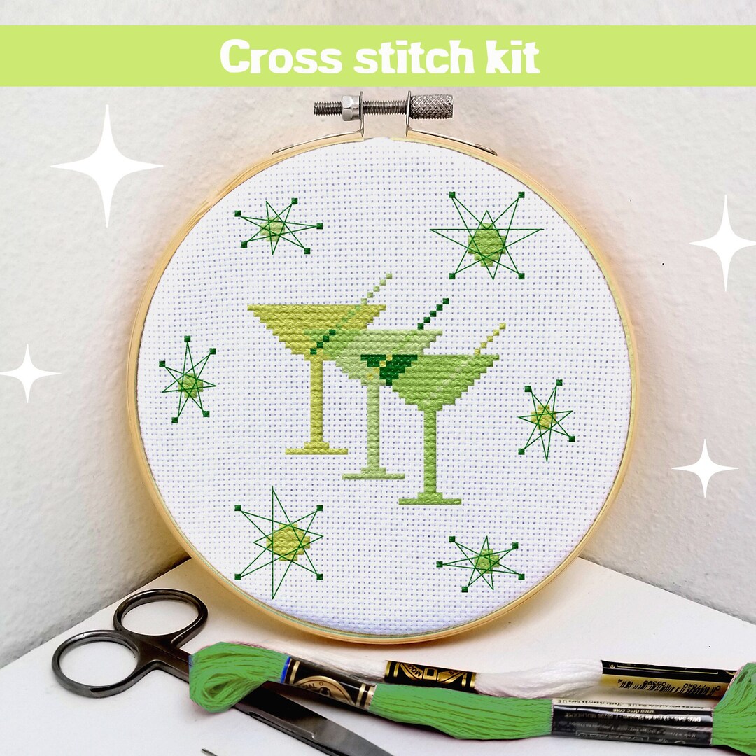 Martini Glass Cocktail Cross Stitch Kit Mid-century Modern, Retro DIY ...
