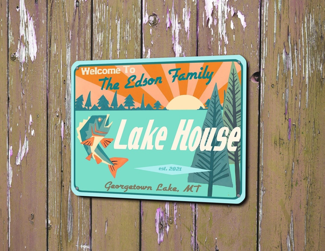 Custom Outdoor Lake House Sign Tin Metal Retro Fish Design Personalized ...