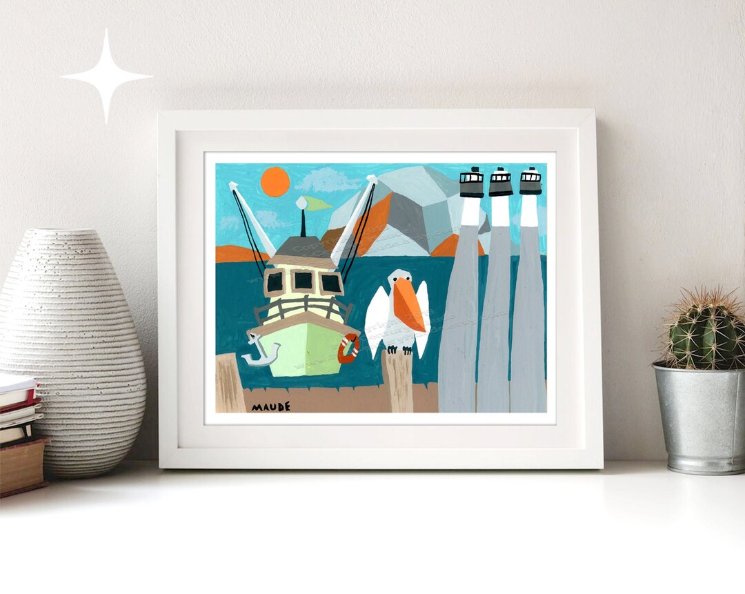 Morro Bay Pelican Art Print Mid Century Modern Style Painting - Etsy