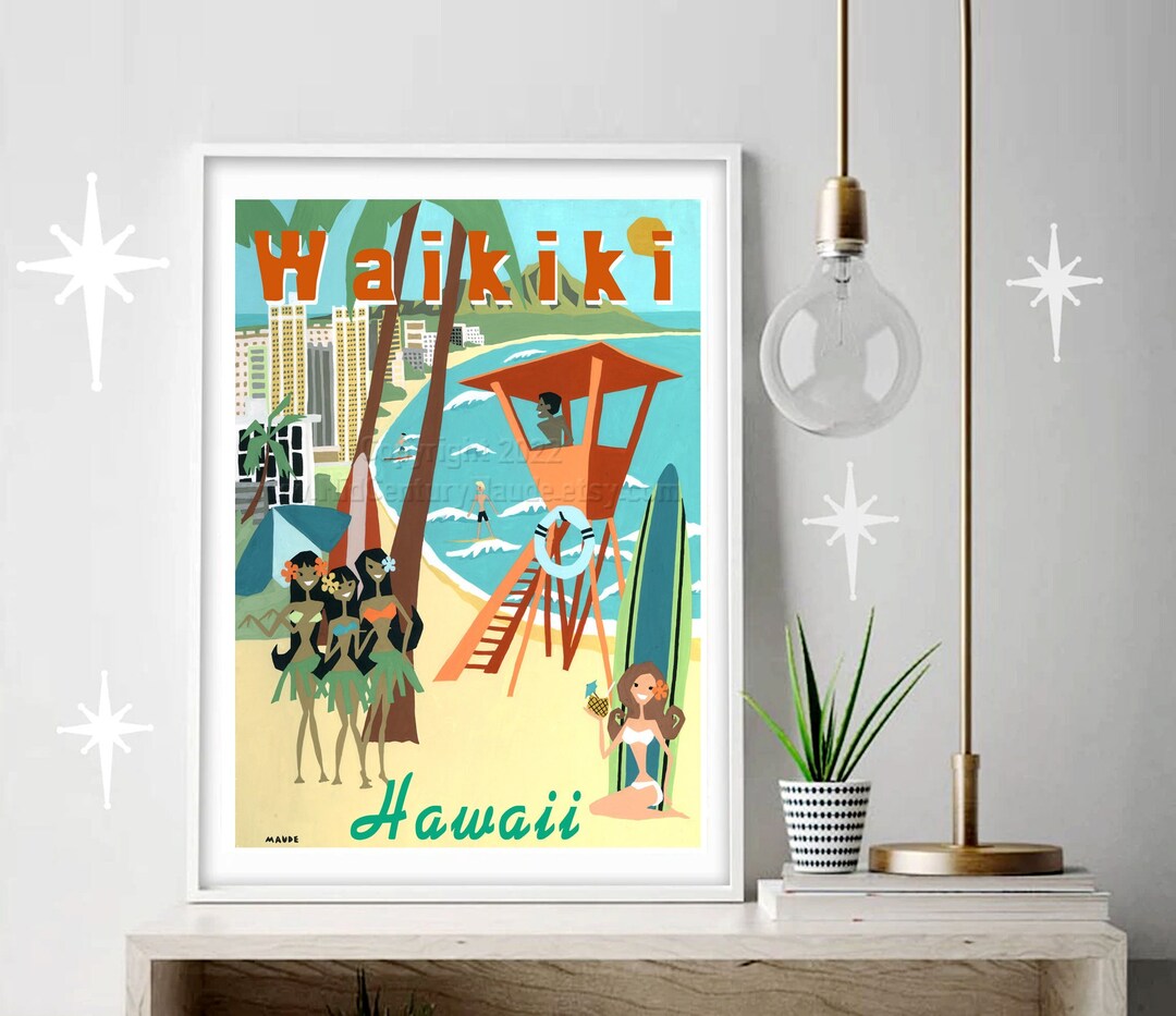 Retro Waikiki Hawaii Surf Art Print Mid-century Modern Style Travel Art ...
