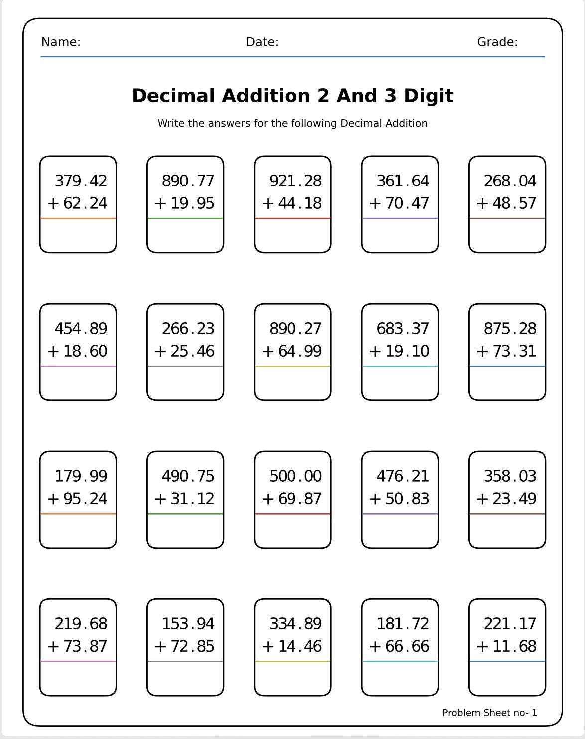 30 Printable 6th Grade Math Worksheets | Decimal Addition With Answer ...