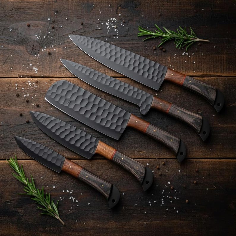 Handmade Chef Knife Set With Textured Blades & Wooden Handles | Kitchen ...
