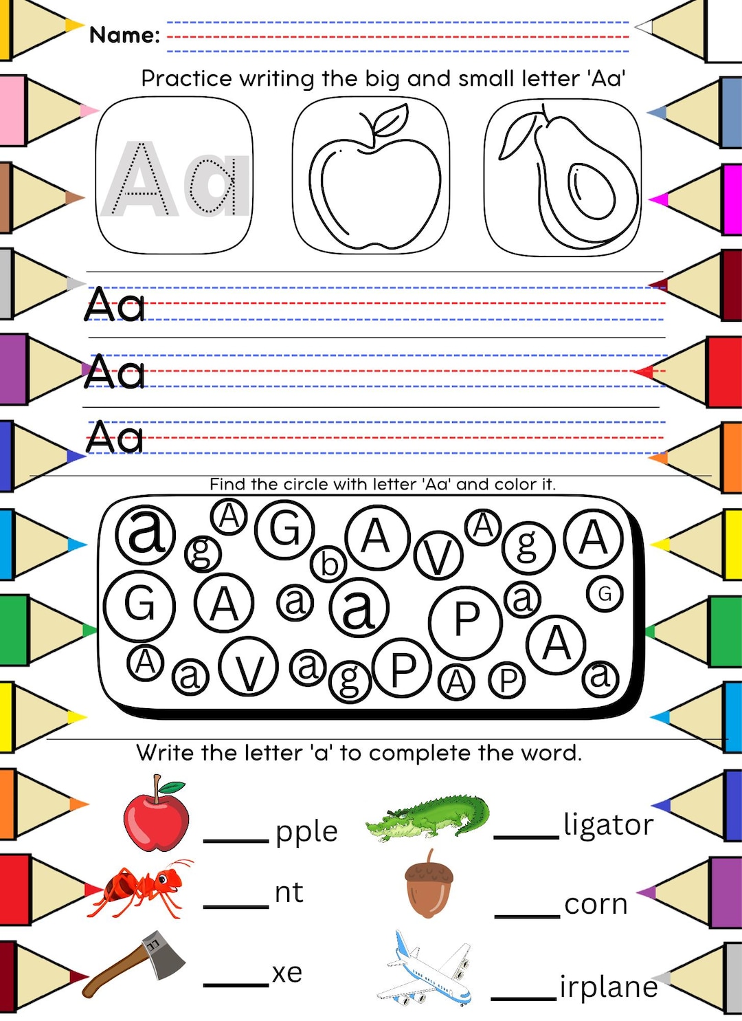 Letter 'aa' Worksheet for Kindergarten - Etsy