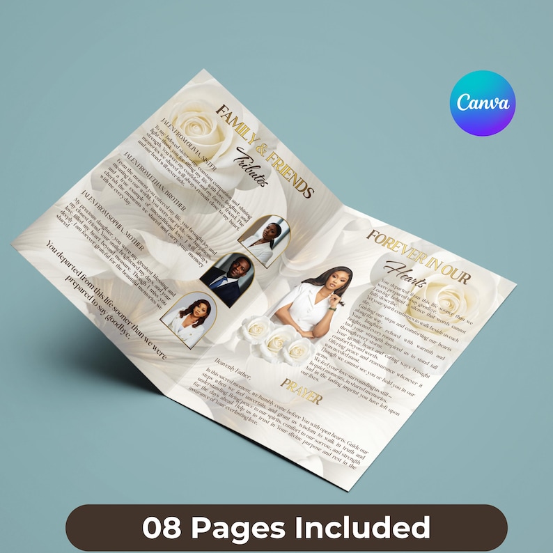 White Roses Funeral Program Template: 8-page Memorial (canva, PDF ...