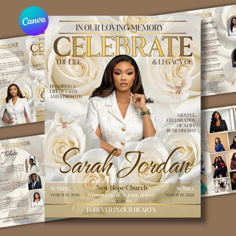 White Roses Funeral Program Template: 8-page Memorial (canva, PDF ...