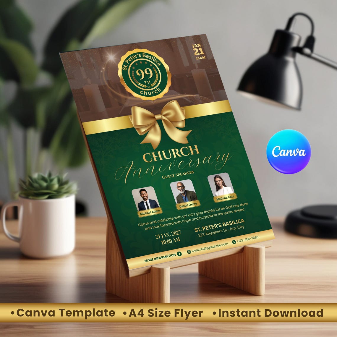 Green & Gold Church Anniversary Flyer, Elegant Canva Template (digital ...