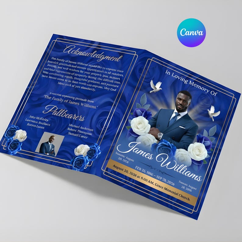 8-page Blue Funeral Program Template, Funeral Flower Keepsake, Bi-fold ...