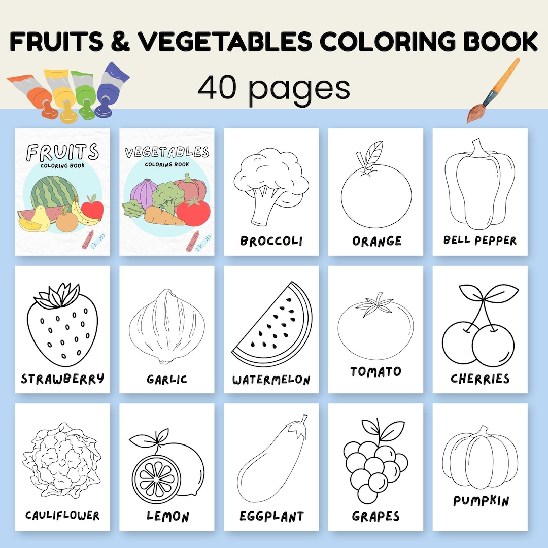 Fruits & Vegetables Coloring Book for Kids: 40 Printable Pages (PDF) - Etsy