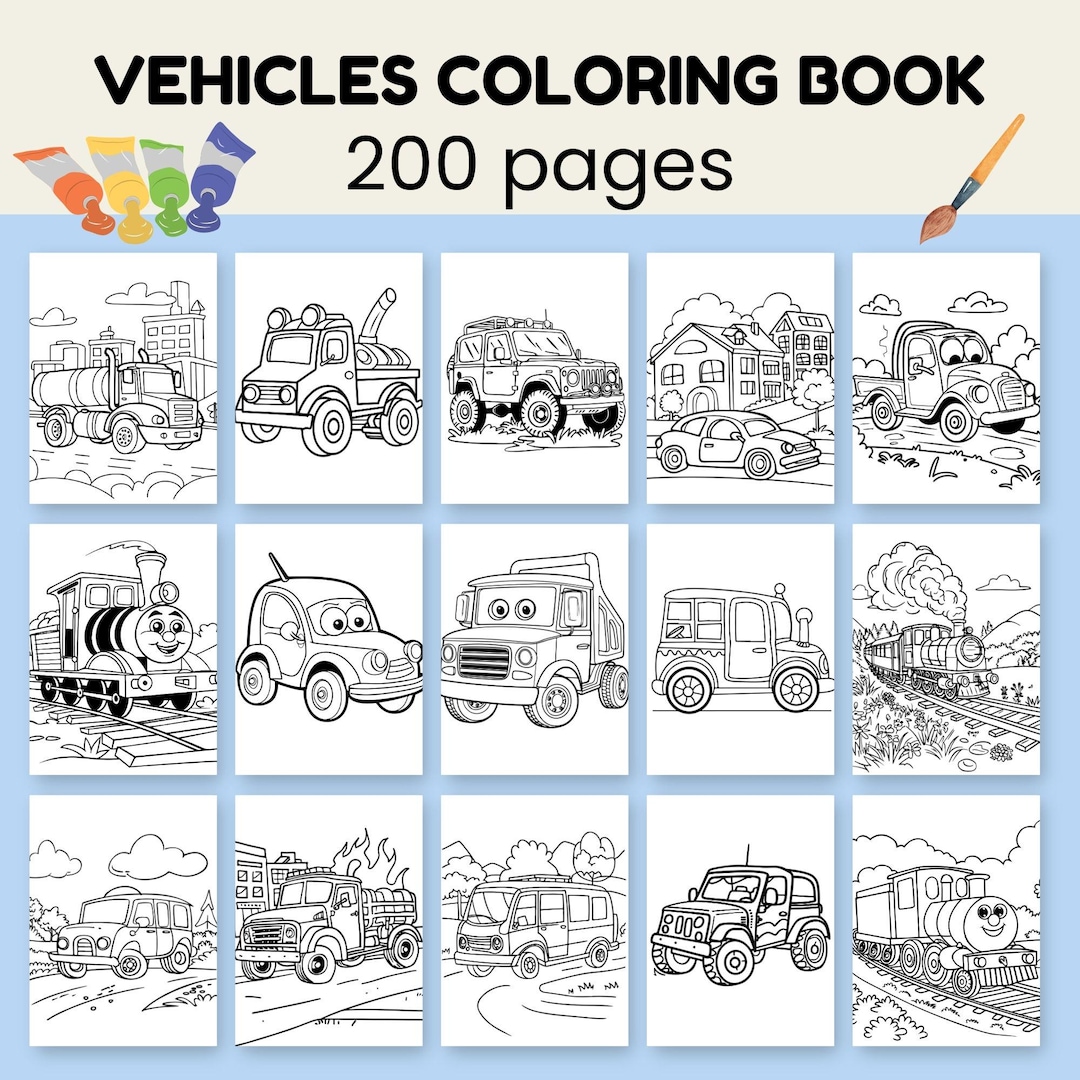 Vehicles Coloring Book for Kids: 200 Printable Pages (PDF) - Etsy