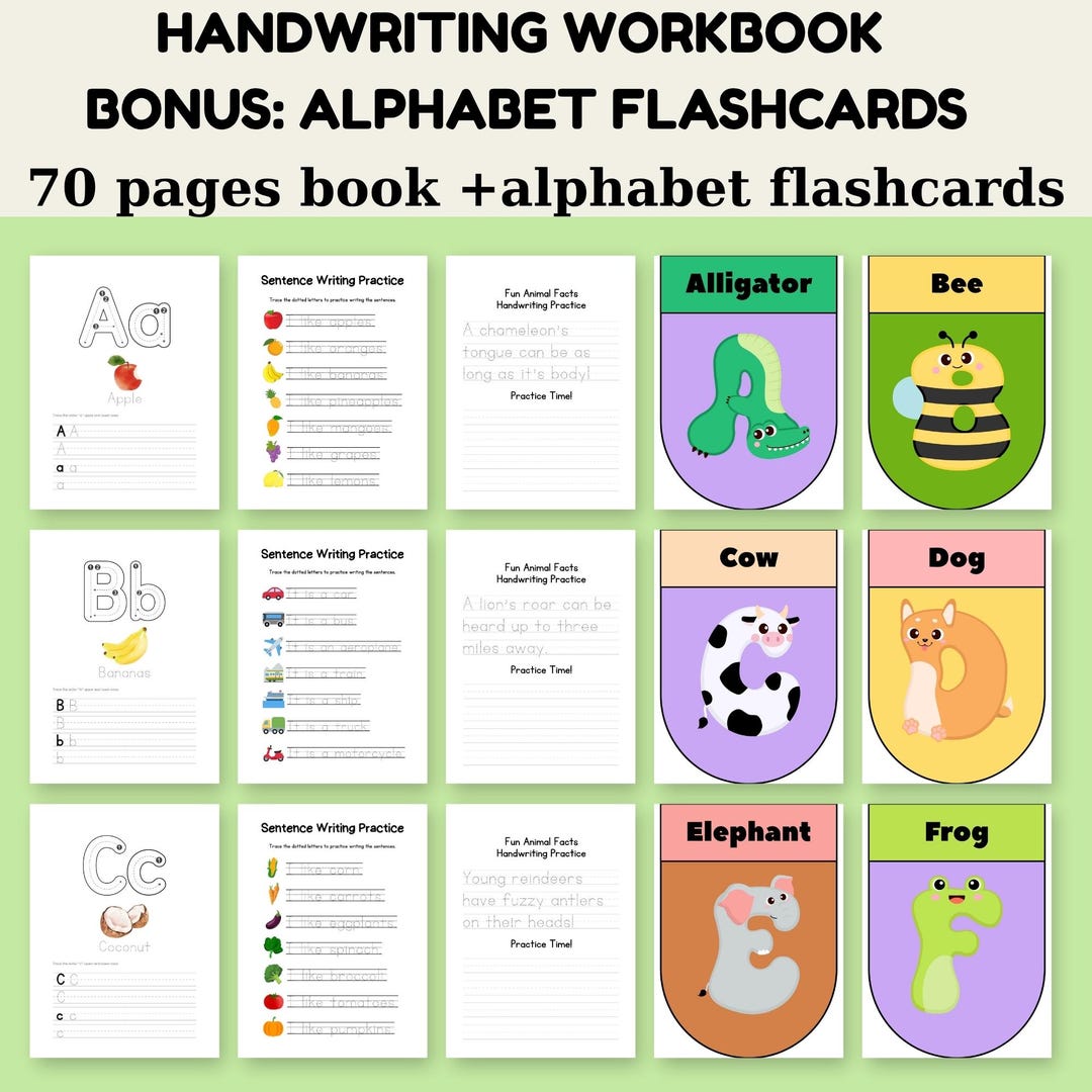 70 Pages Handwriting Workbook + Bonus Animal Alphabet Flashcards | Kids ...