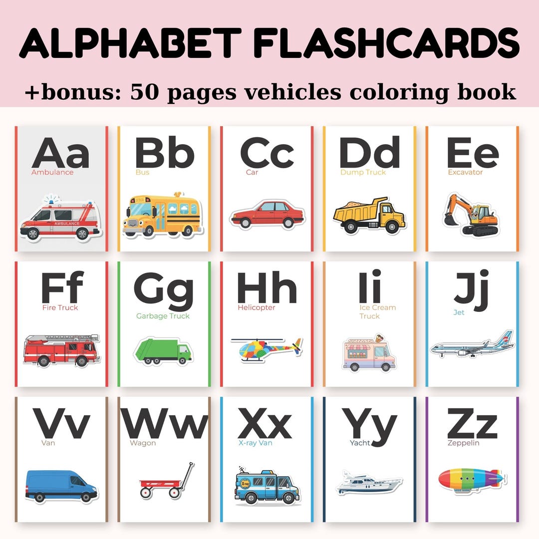 Vehicles Alphabet Flashcards – Bonus 50 Pages Vehicles Coloring Book ...