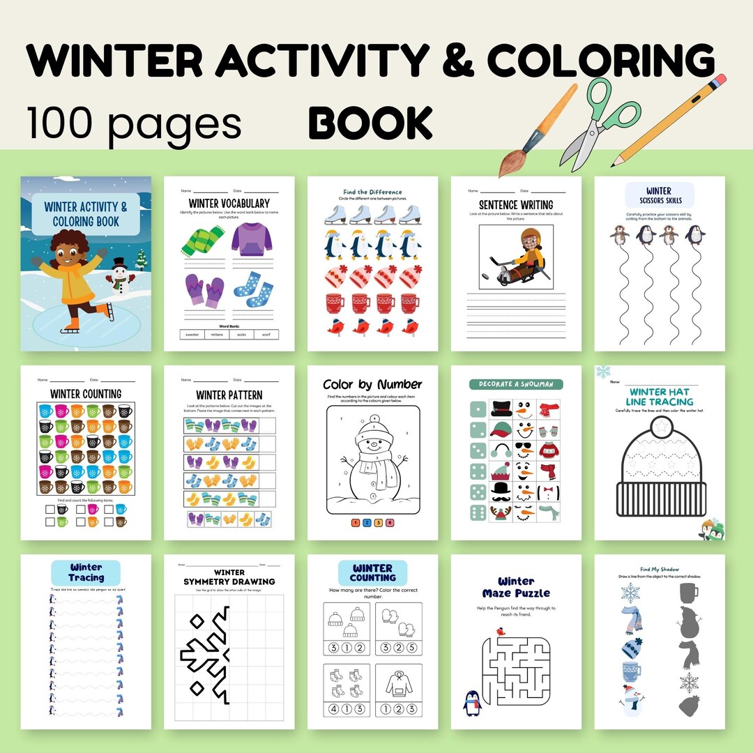 Winter Activity & Coloring Book for Kids: 100 Pages (PDF Printable ...