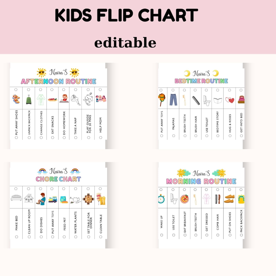 Editable Kids Routine Flip Chart Morning Afternoon Bedtime Chore Cards ...