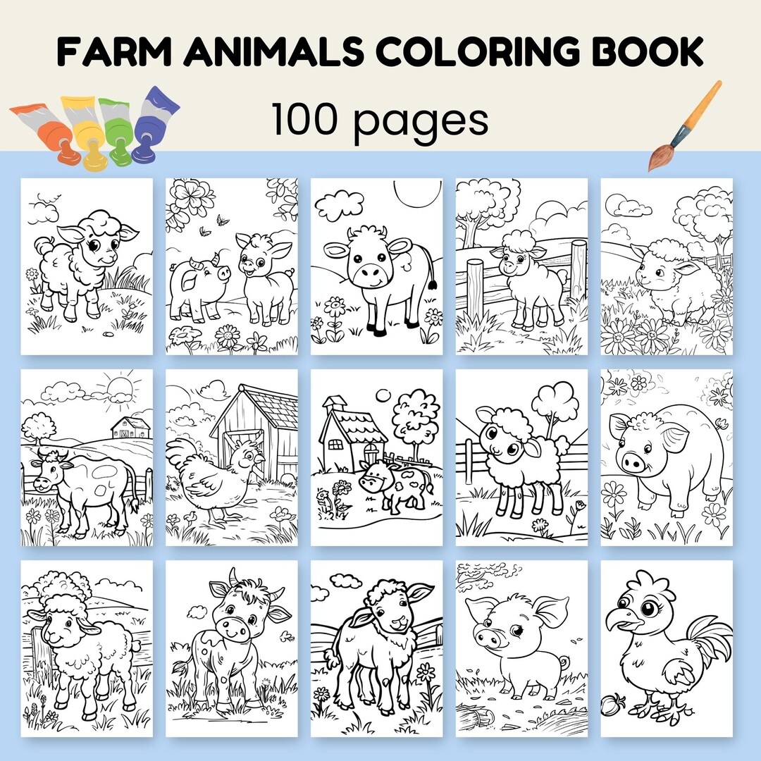 Farm Animals Coloring Book: 100 Printable Pages for Kids (PDF) - Etsy