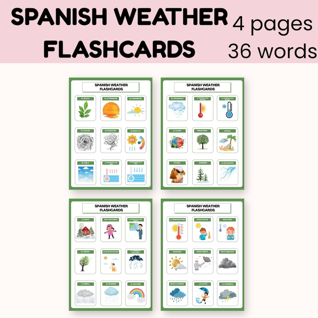 Spanish Weather Flashcards | Bilingual Learning, 36 Words (PDF) - Etsy
