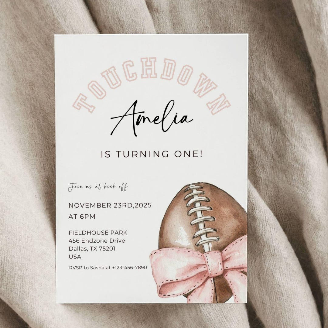Touchdown Girl First Birthday Invitation | Pink Football, Canva ...