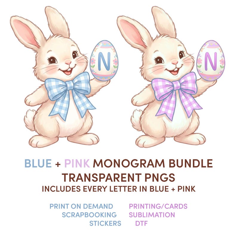 Personalized Easter PNG Bunny | Blue & Pink Monogram Letters ...