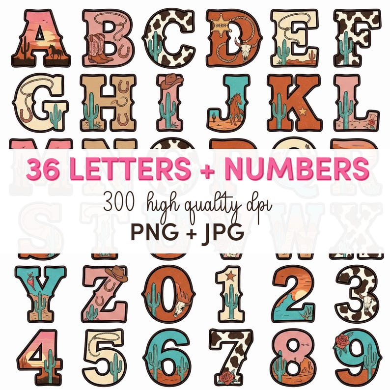 Western Cowgirl Alphabet PNG Bundle, Rodeo Letter Set A-Z + Numbers ...