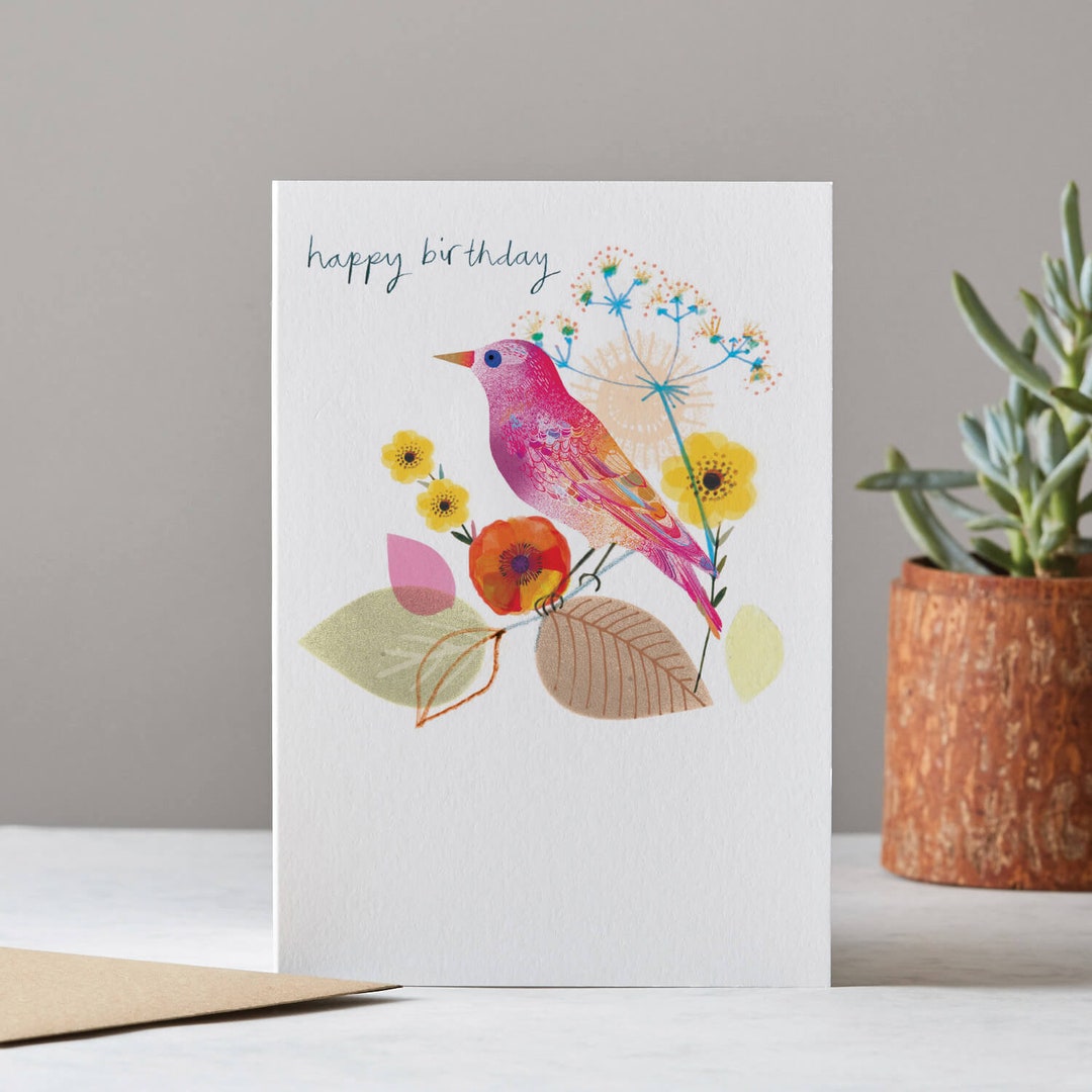 Happy Birthday Card, Pink Bird Card, Yellow Floral Art, LT058 - Etsy