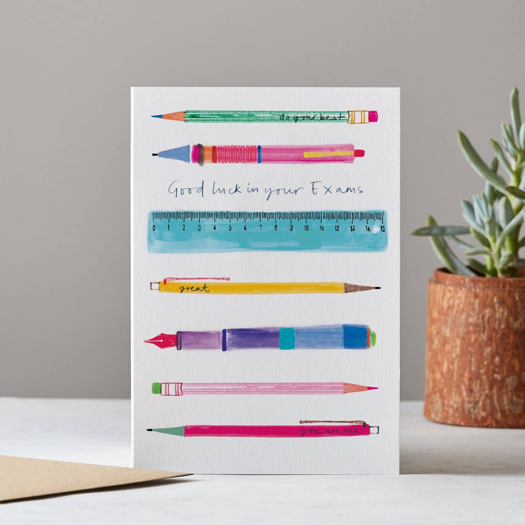 Good Luck in Your Exams Card, Illustrated Card, Pens & Pencils Card ...