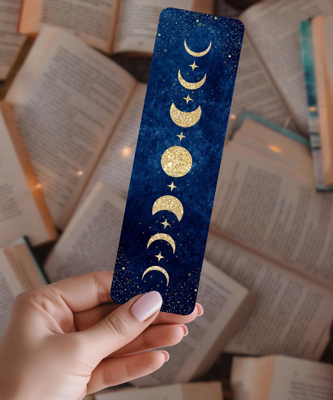 Gold Moon Phases Bookmark: Laminated Blue Booklover Gift - Etsy