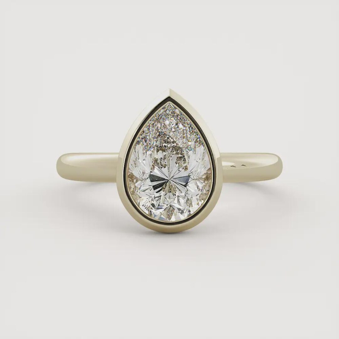 Bezel Set Pear Diamond Engagement Ring 14k 18k Real Gold Sparkling Lab ...