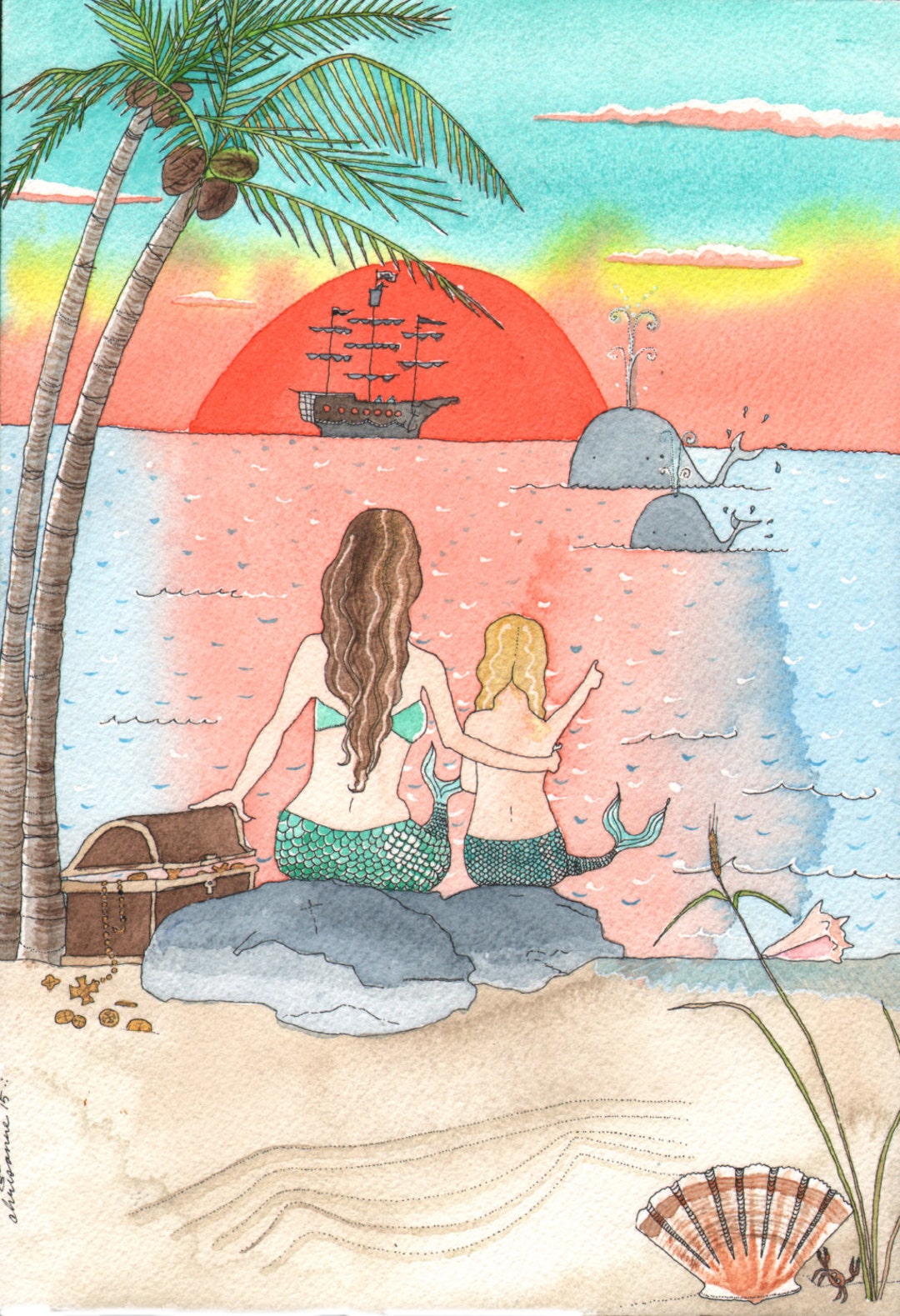 Mermaids & Whales Original Watercolor Painting - Etsy