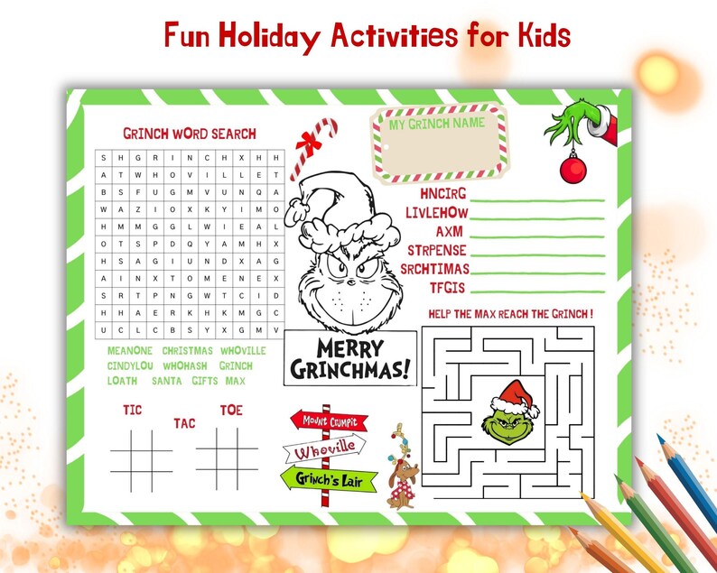 Grinch Activity Placemat , Printable Christmas Games, Coloring ...