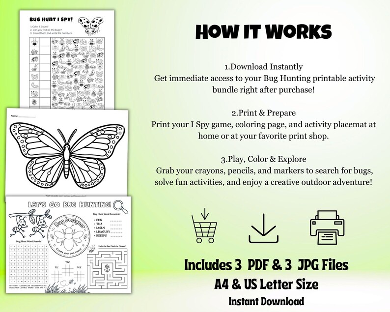 Bug Hunt Kids Printable Bundle | I Spy Activity Placemat & Butterfly ...