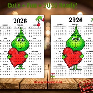 2026 Grinch-themed Full Year Calendar | Baby Green Character Art ...