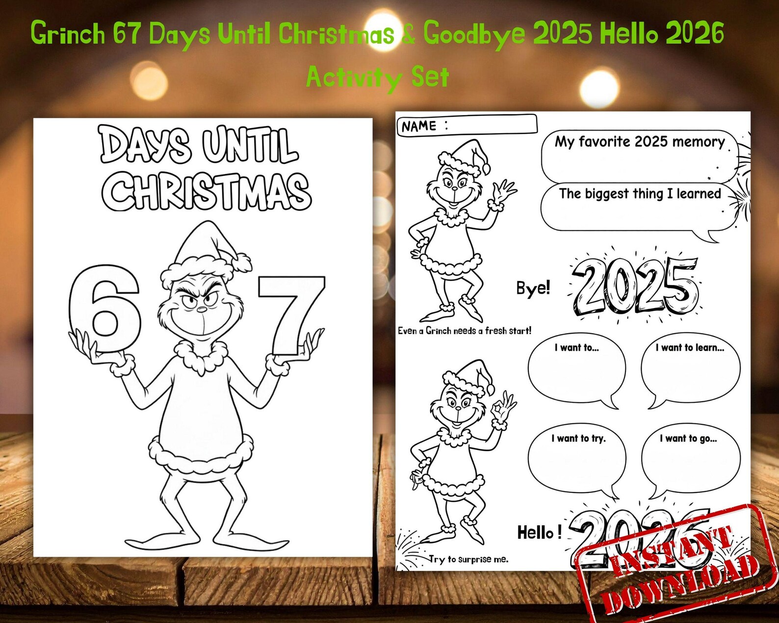 Grinch 6-7 Days Until Christmas Coloring Page & Goodbye 2025 Hello 2026 ...