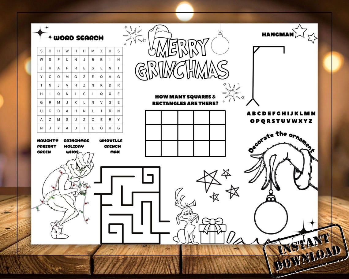 Grinch Activity Placemat | Christmas Kids Printable | Holiday Activity ...