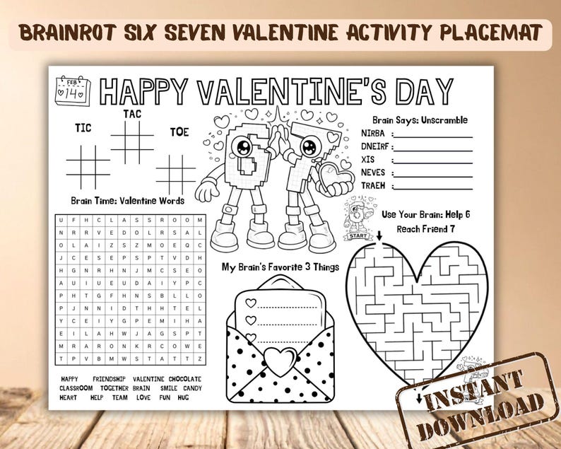 Brainrot Valentine Activity Placemat, Six Seven Meme Coloring Page, Gen ...