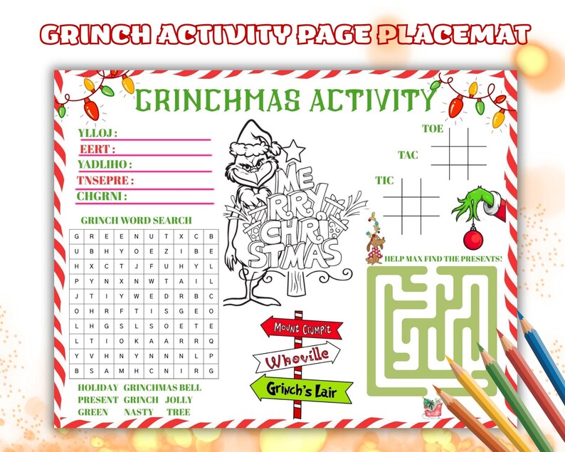 Grinch Activity Placemat , Printable Christmas Games, Coloring ...