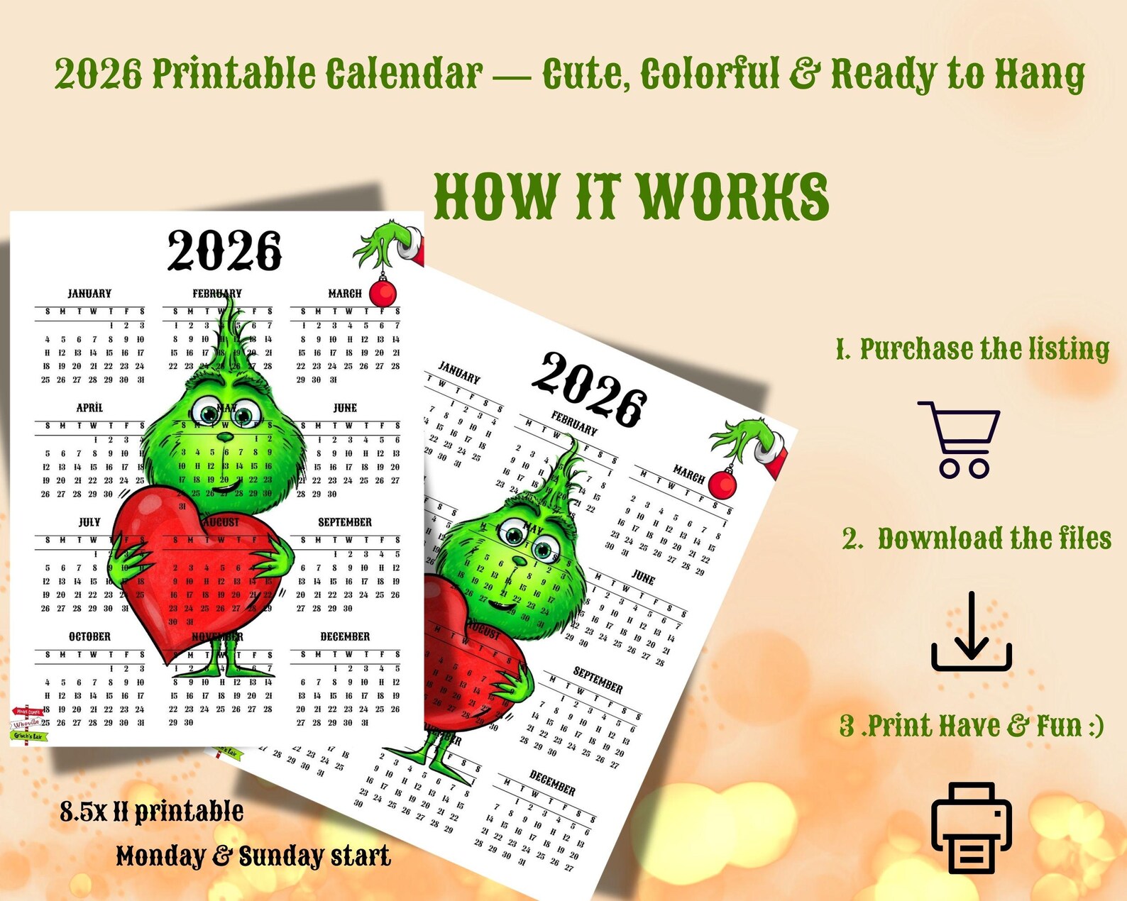 2026 Grinch-themed Full Year Calendar | Baby Green Character Art ...
