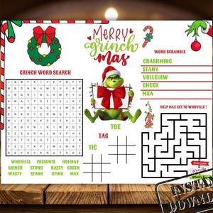 Grinch Activity Placemat , Printable Christmas Games, Coloring ...