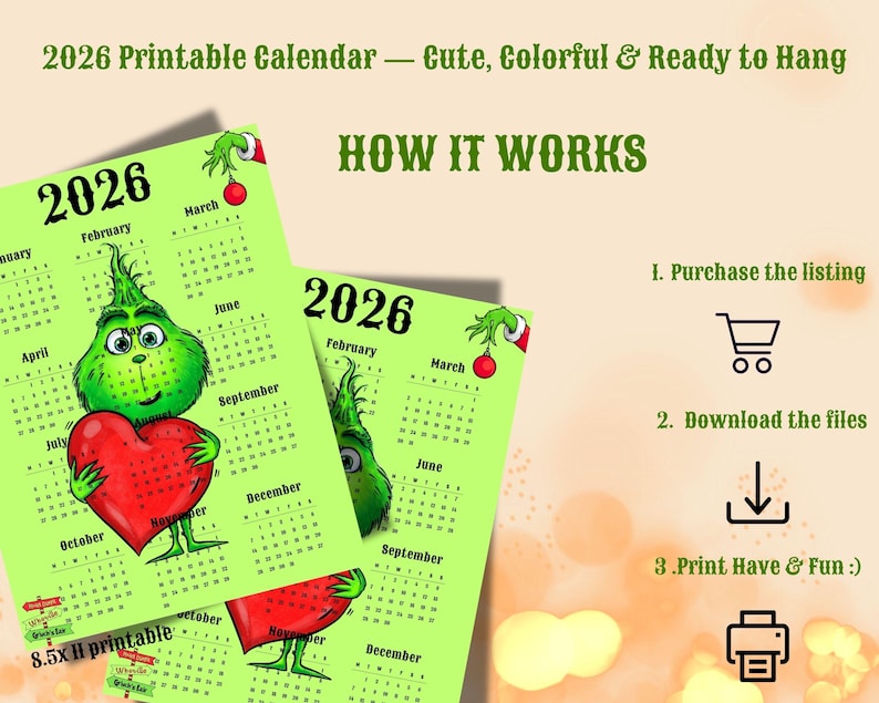 2026 Grinch-themed Full Year Calendar | Baby Green Character Art ...